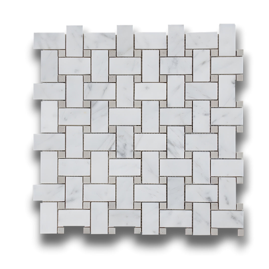 Basketweave Carrara 'C' w/Cinder Grey Dot – Tile Bazaar